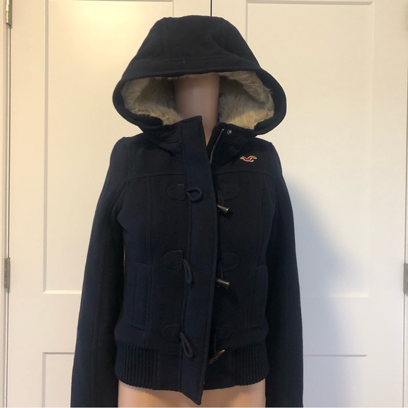 Hollister | Jackets & Coats | Hollister Hco Y2k Navy Blue Wool Beige Faux Fur Hood Toggle Jacket ...